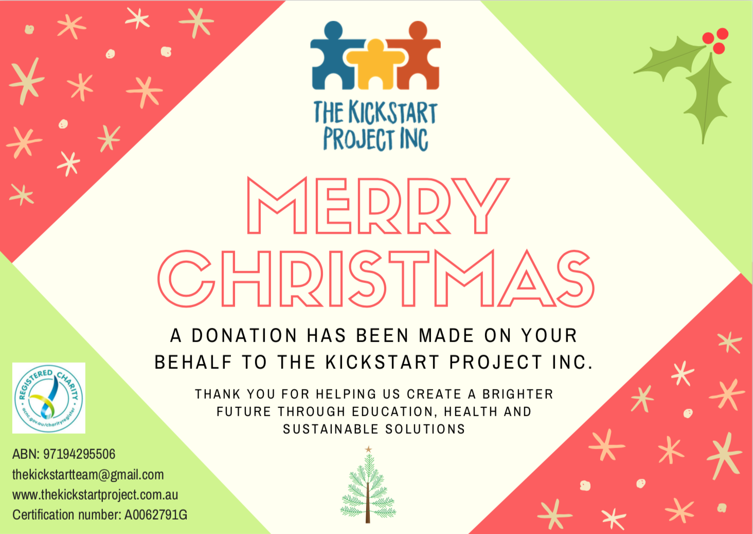 The Kickstart Project Inc Christmas Donation Card 20 